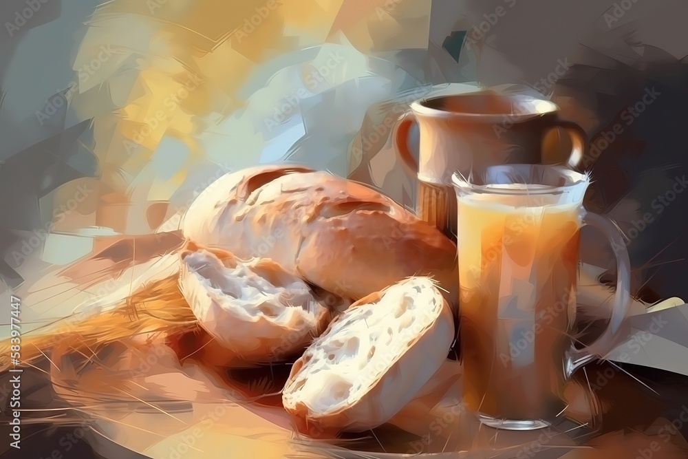 Fasting symbols of bread and water with of Jesus Christ on Calvary hill ...