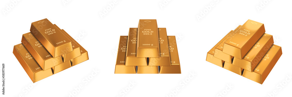 gold ingots stack on transparent background, left, front and right view ...