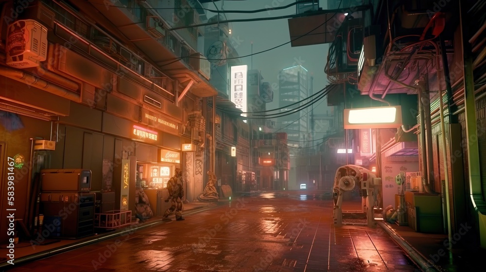 Dark futuristic city in the style of cyberpunk. Gloomy street with neon ...