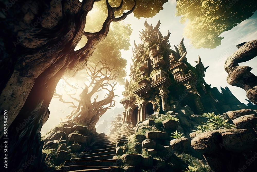 High fantasy tree castle overgrown canopy of trees elf castle ...