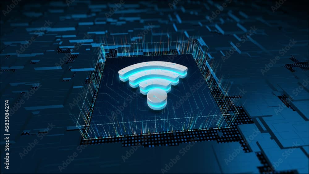 Motion graphic of 3D blue WIFI logo and particles with circuit board ...