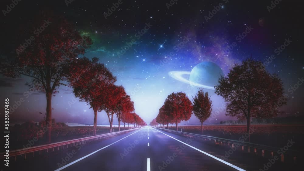 Space Road Planets Surreal Background Scene Zoom In. Zoom in to a surreal empty road with ...