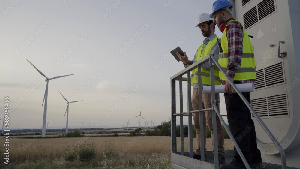 Two engineers in uniform with safety helmet talk pointing and using ...
