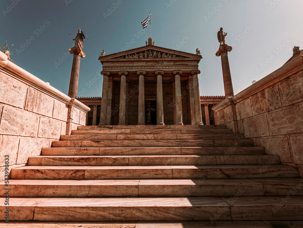 Marble staircase leading to the neoclassical building of the National ...