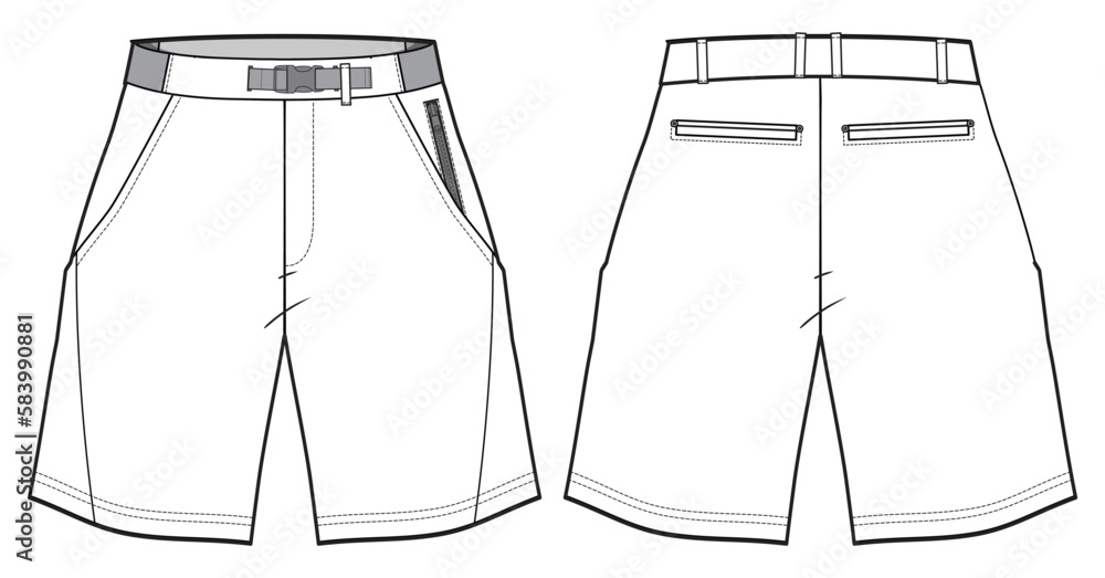Men's formal Sartorial chino shorts front and back view flat sketch ...