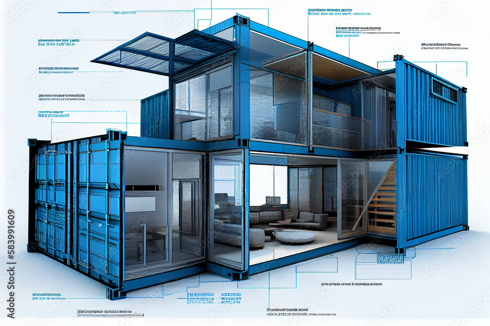Drawing, blueprints of a house made from cargo shipping containers ...