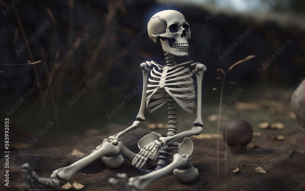 Human skeleton sitting on the ground. Generative AI technology. Stock ...