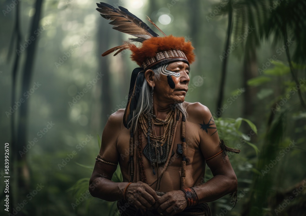 Portrait of elderly man from indigenous tribe of Amazon rainforest ...