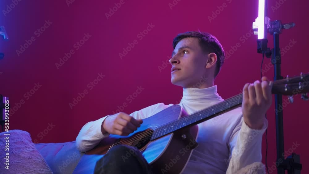 Romantic date. Male singer. Guitar player. Happy woman listening ...