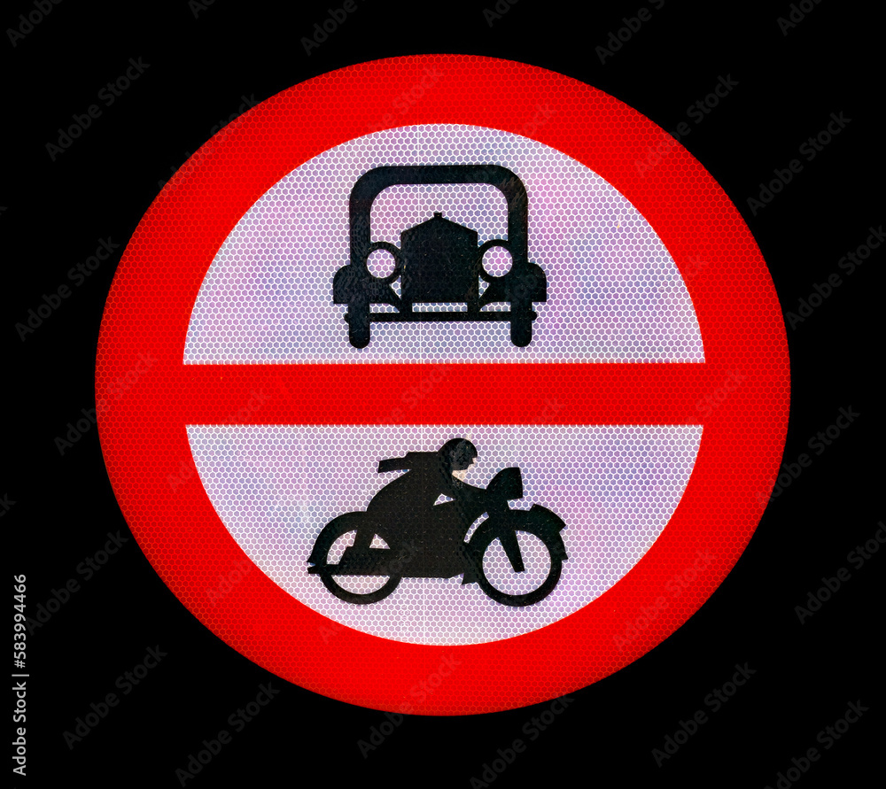 Traffic signs forbidden passage for cars and motorcycles on black ...