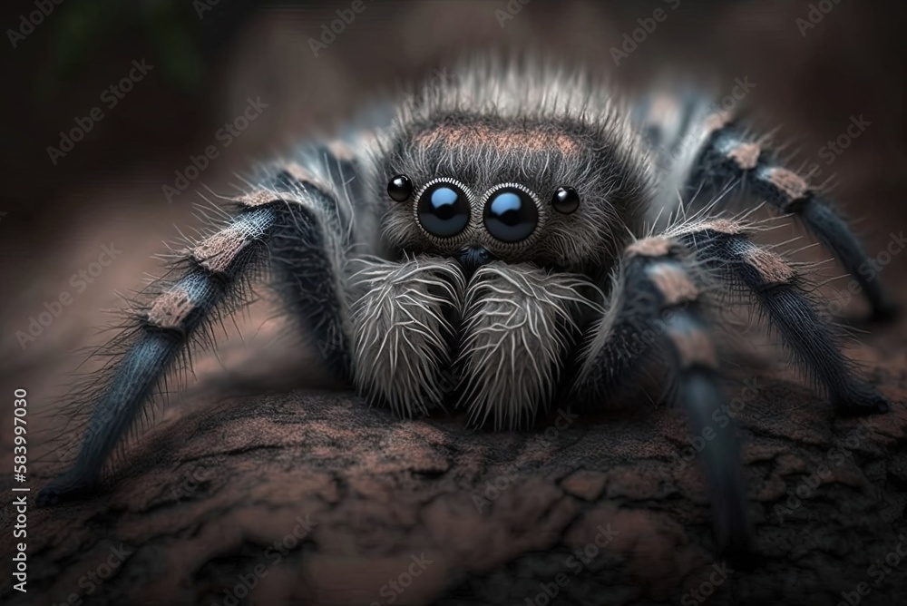 a dark, hairy, and terrifying tarantula with four eyes creeping ...