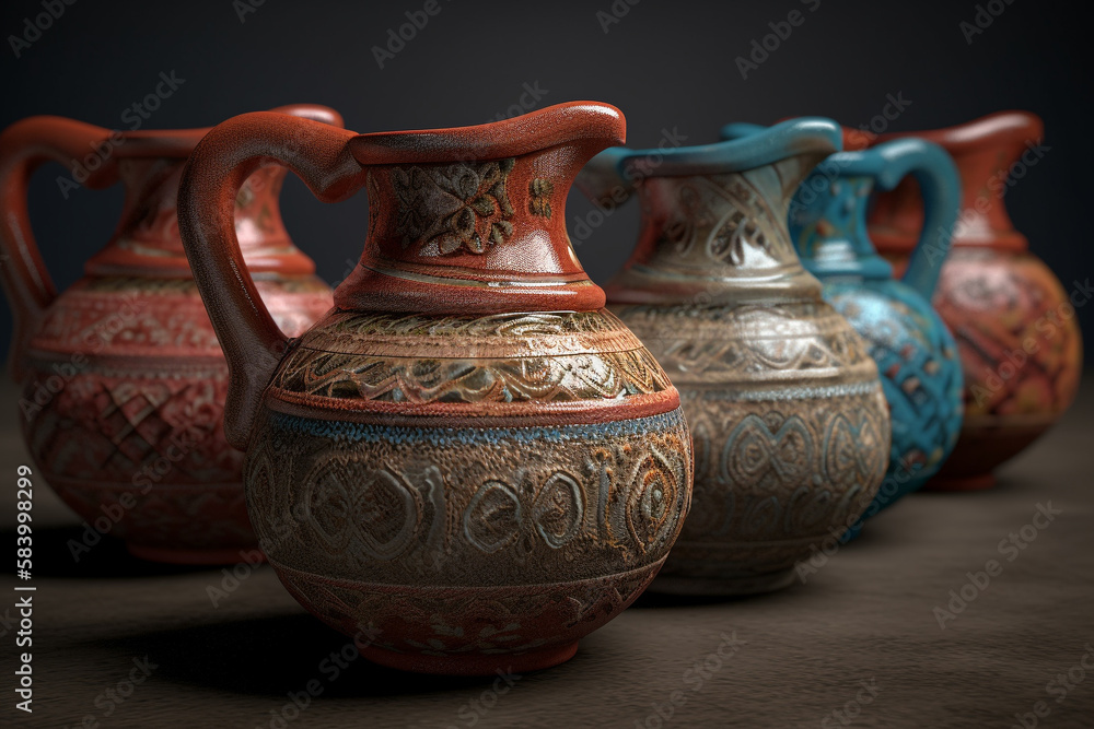 ornate Clay pots on display, Vases, Containers, Created using ...