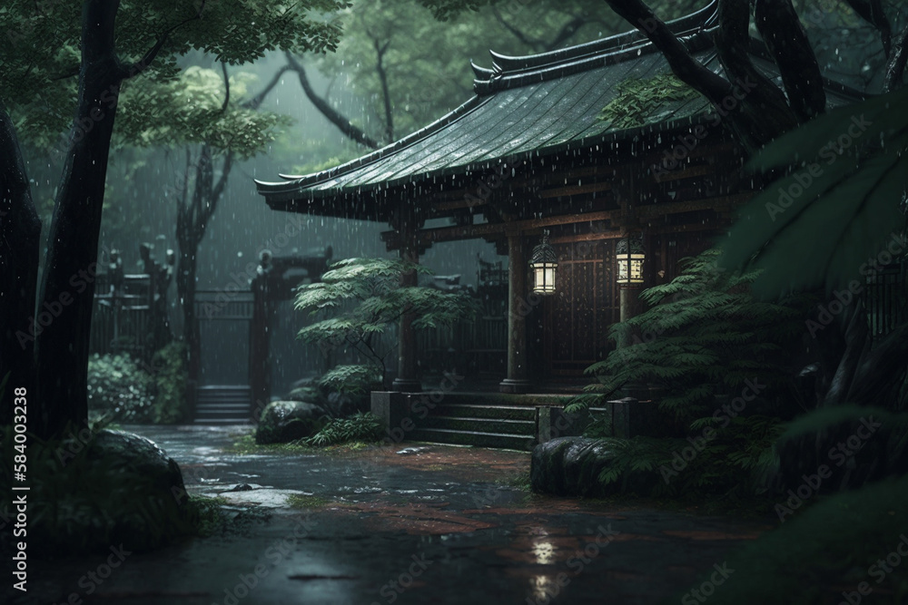 japanese temple in the forest during heavy rain, created by a neural ...