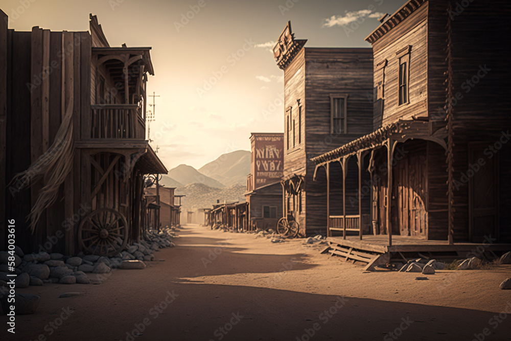 empty street in an old wild west town with wooden buildings, created by ...