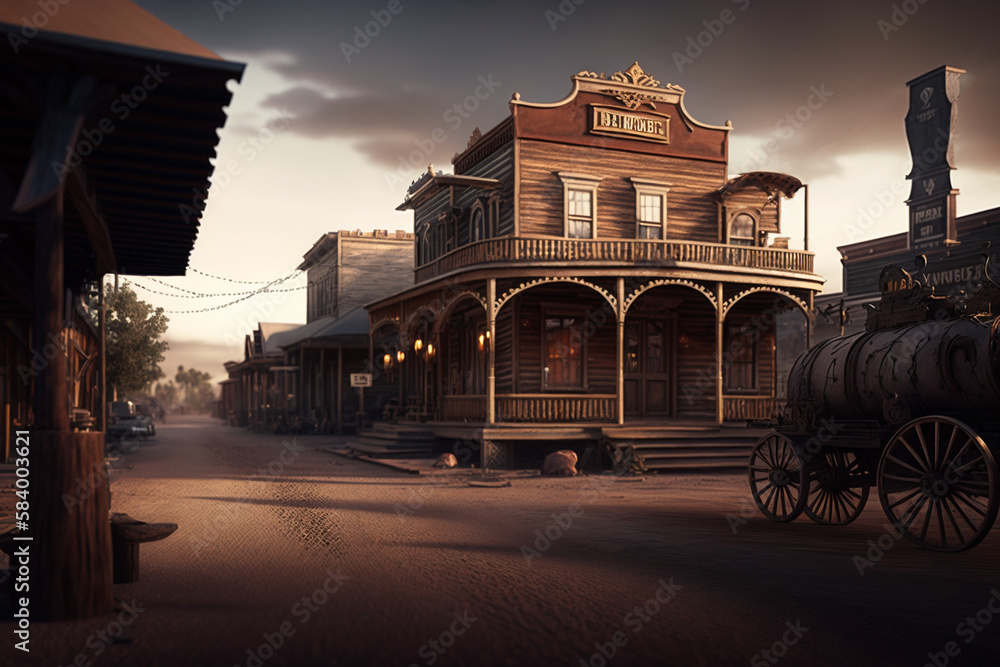 empty street in an old wild west town with wooden buildings, created by ...