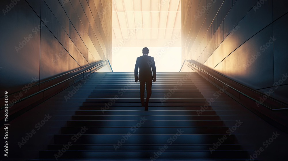 Businessman walking on stairs upstairs towards the light. Growth and ...