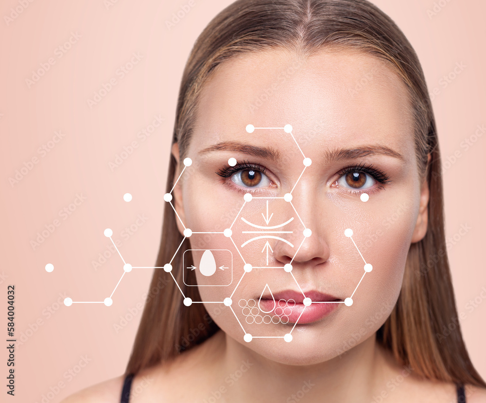 Infographic shows cleansing effect on beautiful female face. Stock ...