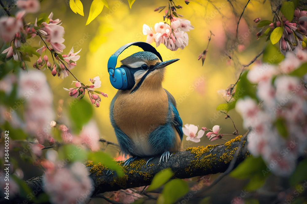 Bird listening music in headphones sitting on blossoming tree ...