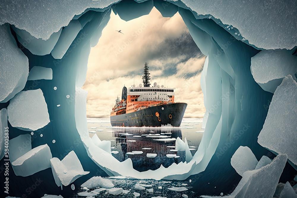 Ilustrace „huge icebreaker sailing through open seas and breaking hole ... Ilustrace „huge icebreaker sailing through open seas and breaking hole ...