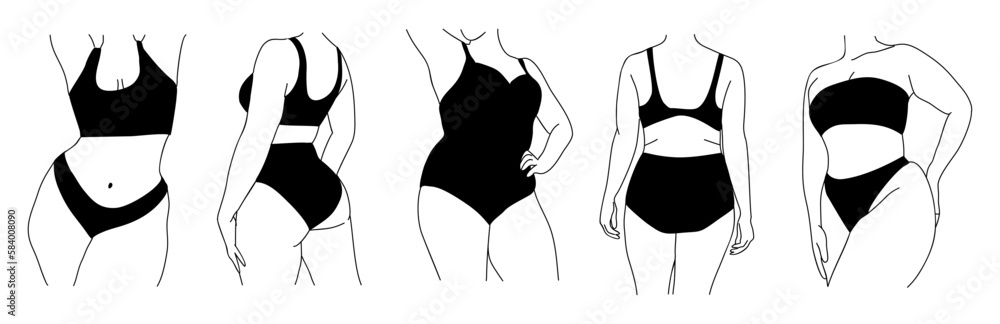 Vetor de Line art vector illustration of curvy women in underwear. Plus ...