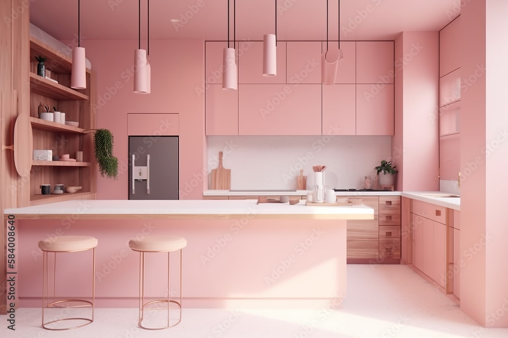 Modern, luxury pink kitchen with cabinet and sink, induction cooktop ...