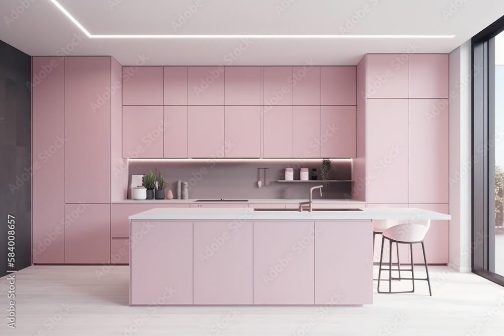 Modern, luxury pink kitchen with cabinet and sink, induction cooktop ...