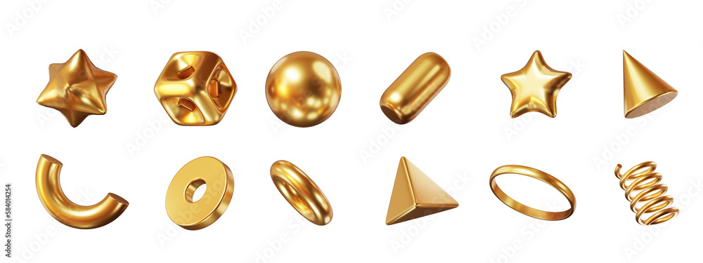 3d set gold shapes: square, sphere, pyramid, torus, star, ring, puck ...