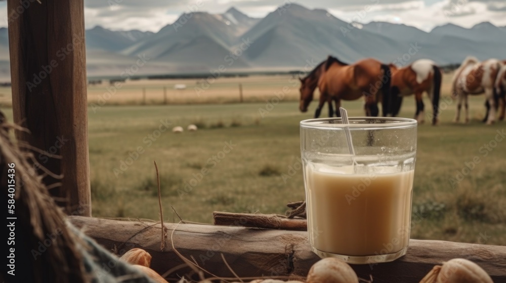 Closeup of bowl with Kyrgyz drink called Kymyz and green meadow with ...
