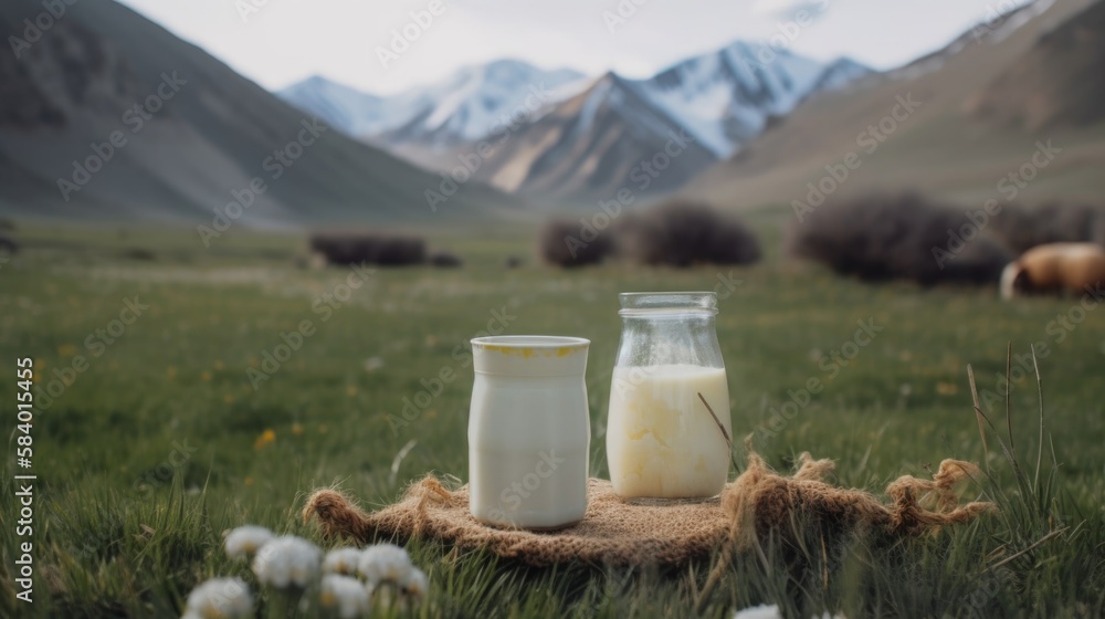 Closeup of bowl with Kyrgyz drink called Kymyz and green meadow with ...