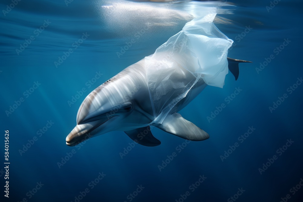 ภาพประกอบสต็อก dolphin swimming at the bottom of the sea with plastic ...