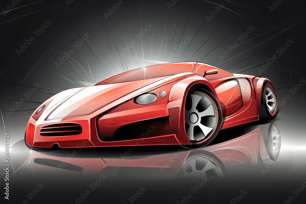 a red sports car is shown on a reflective surface with a black ...