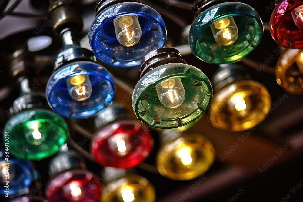 a group of multi colored lights hanging from a ceiling in a room with a ...