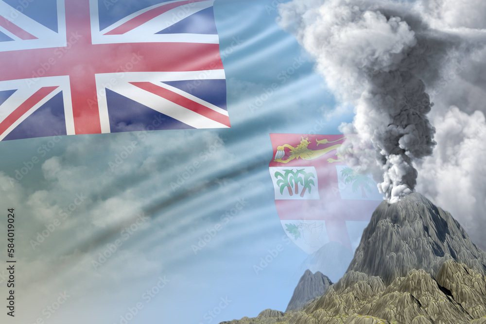 conical volcano blast eruption at day time with white smoke on Fiji ...