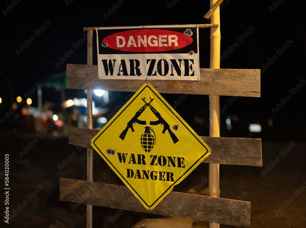 Warning or caution war zone danger sign for army marine corps soldier ...