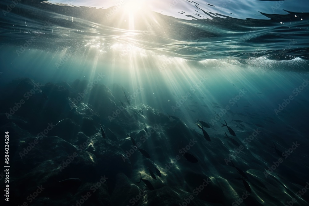 a group of fish swimming in the ocean under a sunlit sky with sunlight ...