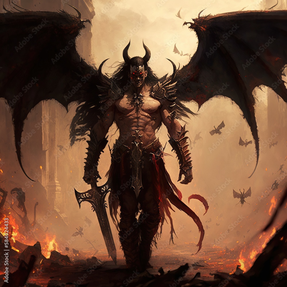 Fallen angel of death. Lucifer with glowing fire wings created by ...