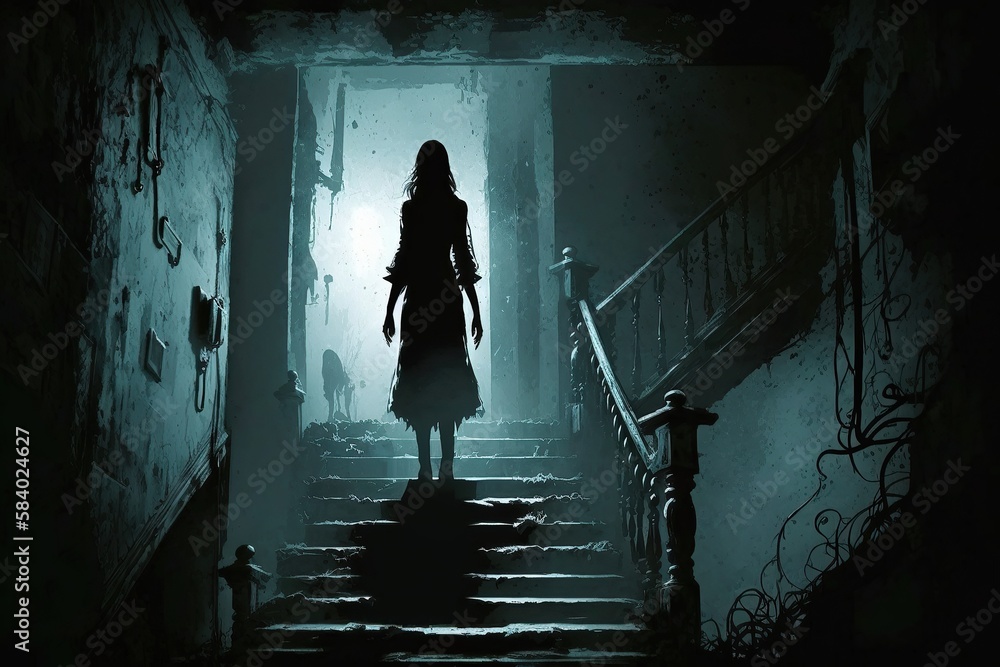 An abandoned house in the woods has a gloomy, terrifying window with ghostly light and shadows ...