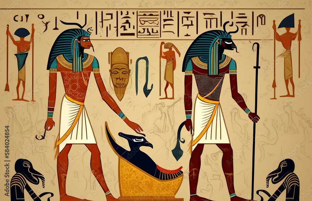 Ancient Egypt. Concept of a next world. Anubis and pharaoh sarcophagus ...
