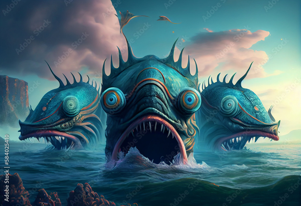 Three head sea monster fantasy illustration digital art landscape ...