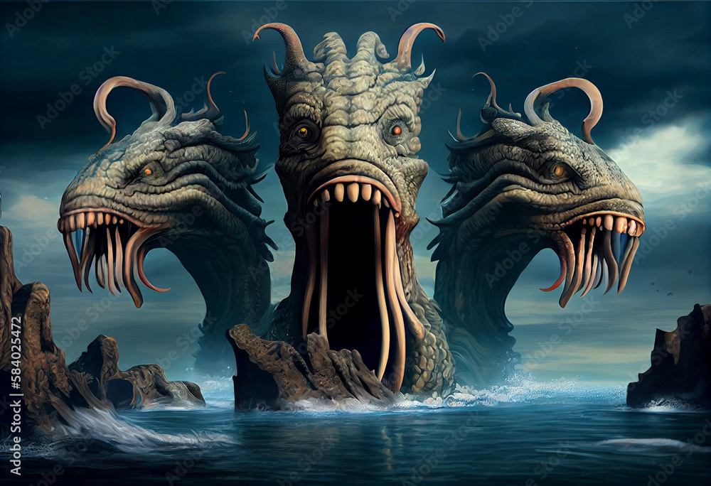 Three head sea monster fantasy illustration digital art landscape ...