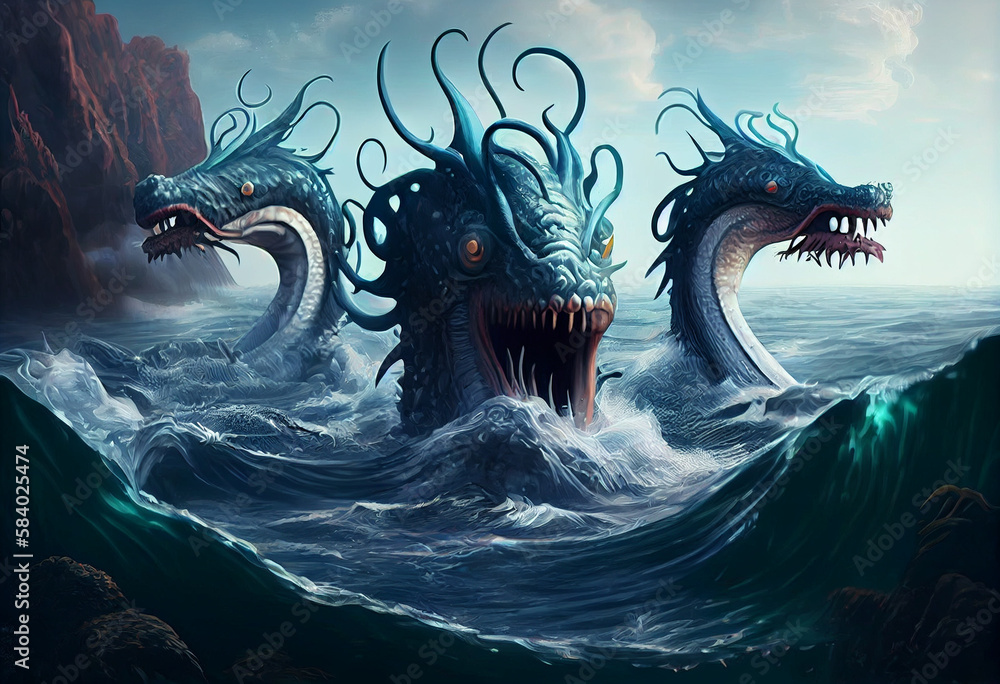 Three head sea monster fantasy illustration digital art landscape ...