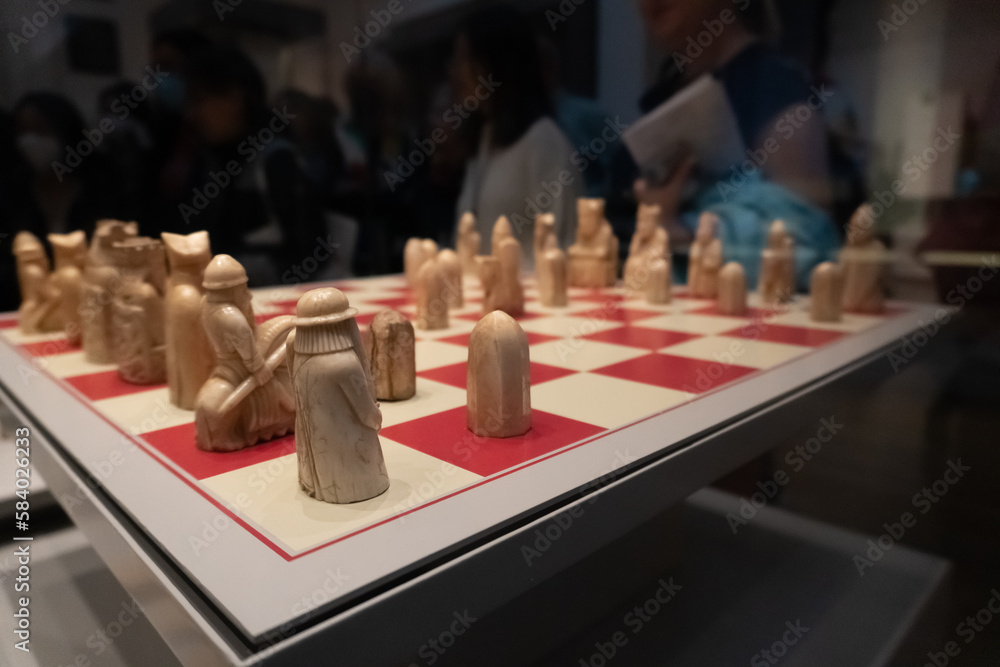 The British Museum display of The Lewis chessmen, group of distinctive ...