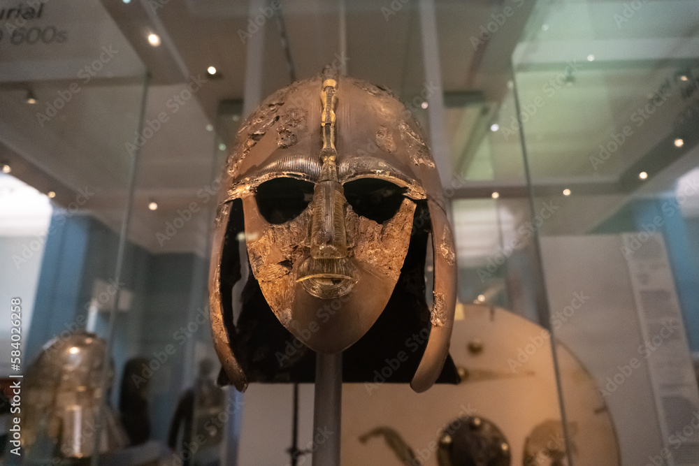 The British Museum. The Sutton Hoo helmet, a decorated Anglo-Saxon ...