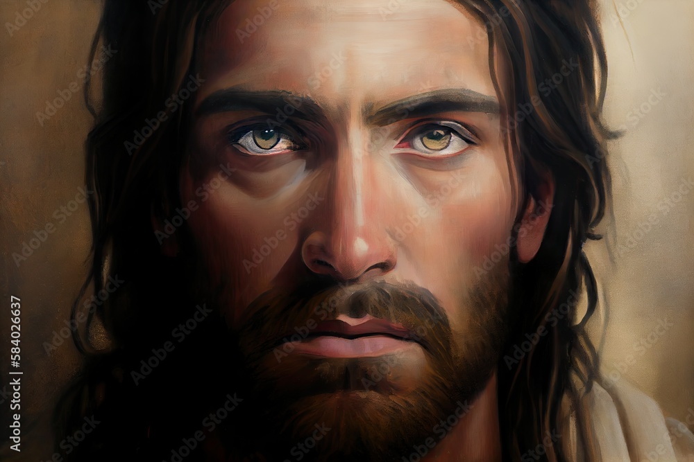 portrait of jesus christ, with his eyes looking straight into the ...