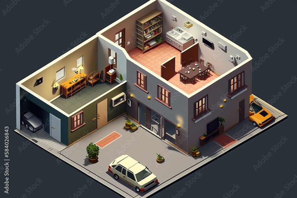 3D Isometric interior home plan room cute set design isolate on white ...
