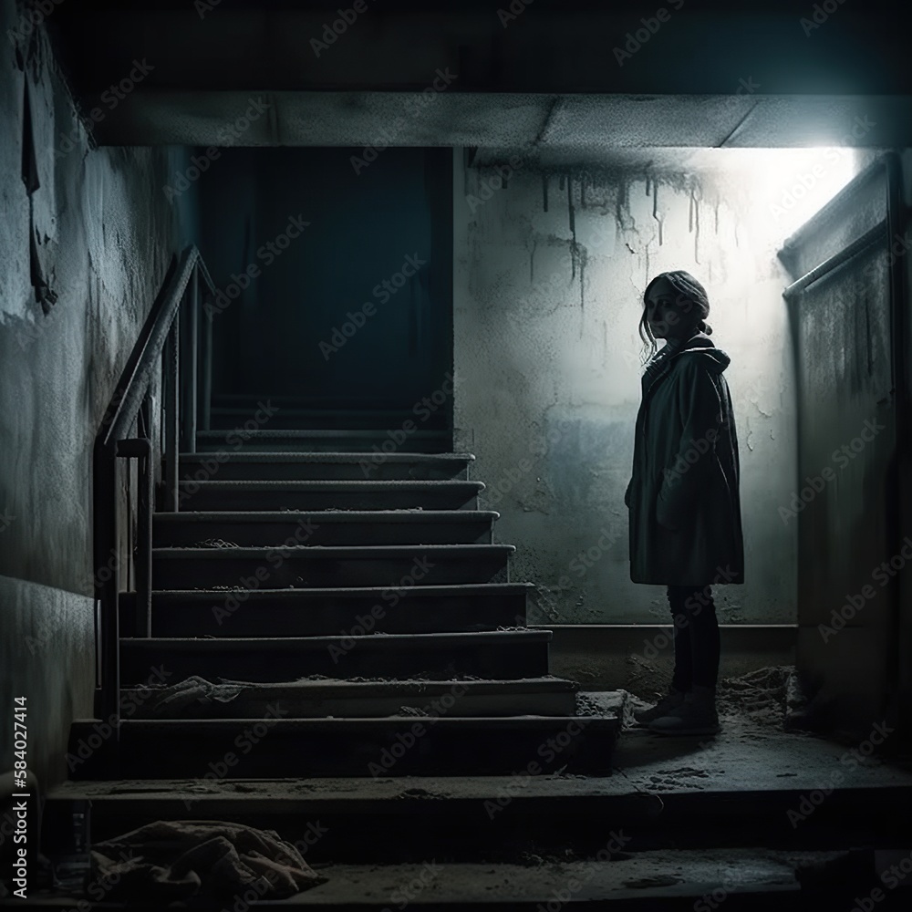 An abandoned house in the woods has a gloomy, terrifying window with ghostly light and shadows ...