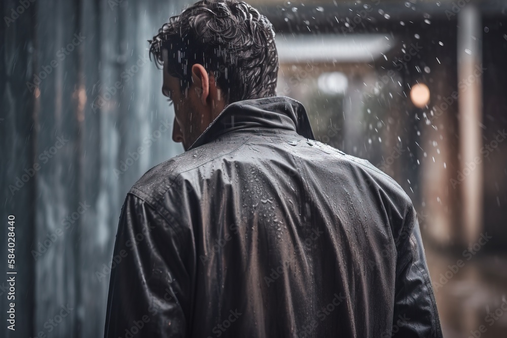 a man in a black jacket standing in the rain with his back turned to ...