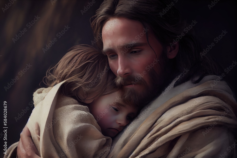 jesus christ, holding child in his arms, with warm and loving ...