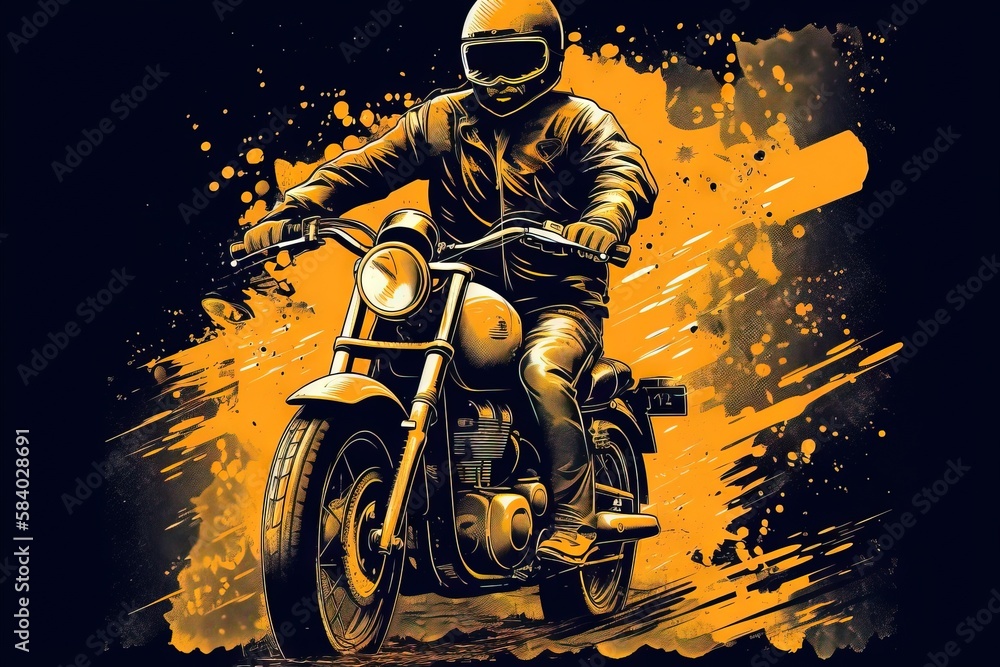 a man riding a motorcycle on a yellow and black paint splattered ...