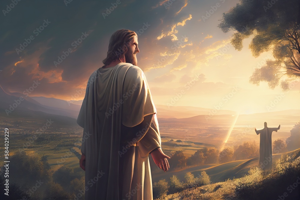 person, offering prayer to jesus christ, with view of peaceful natural ...